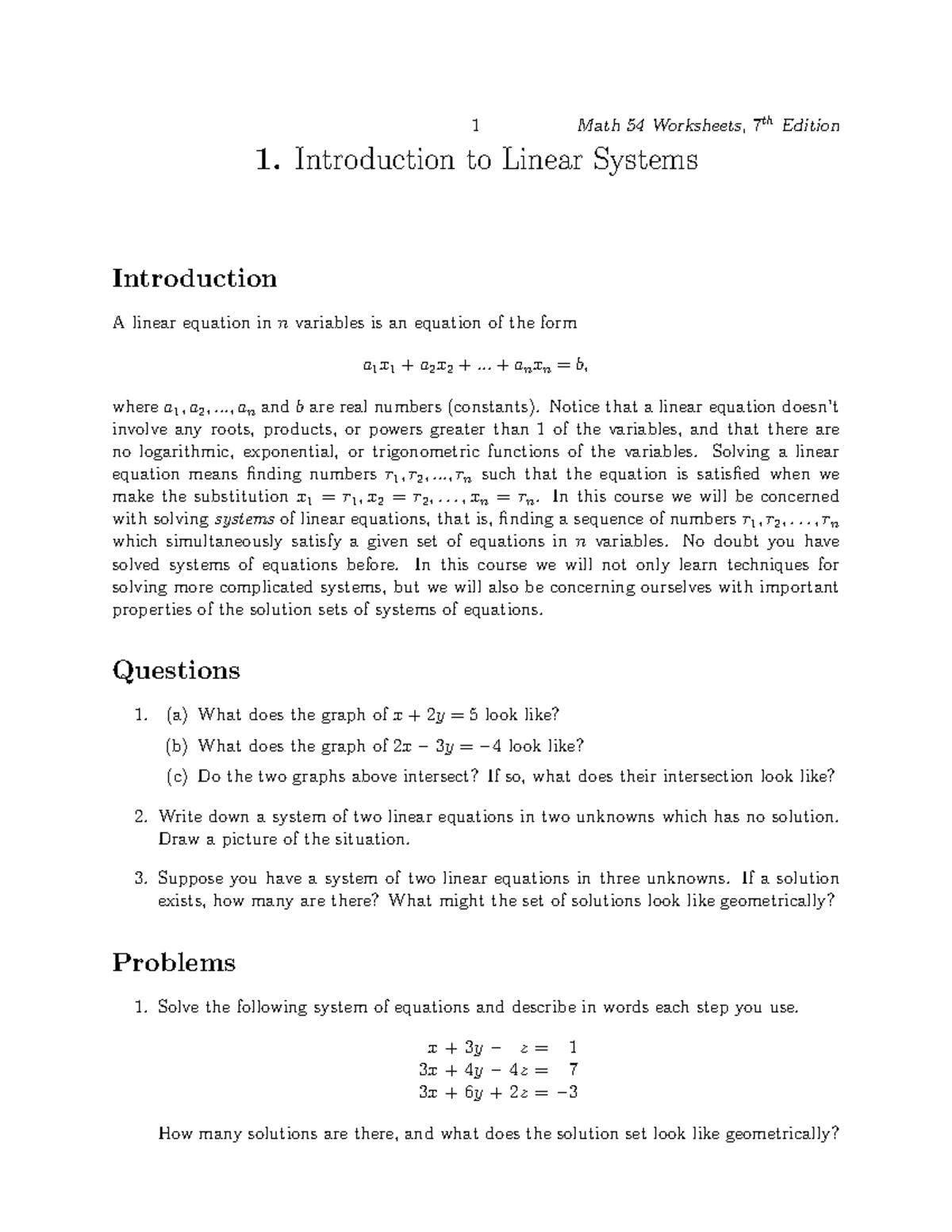 Linear Algebra Practice - 1 Math 54 Worksheets, 7 th Edition 1 ...