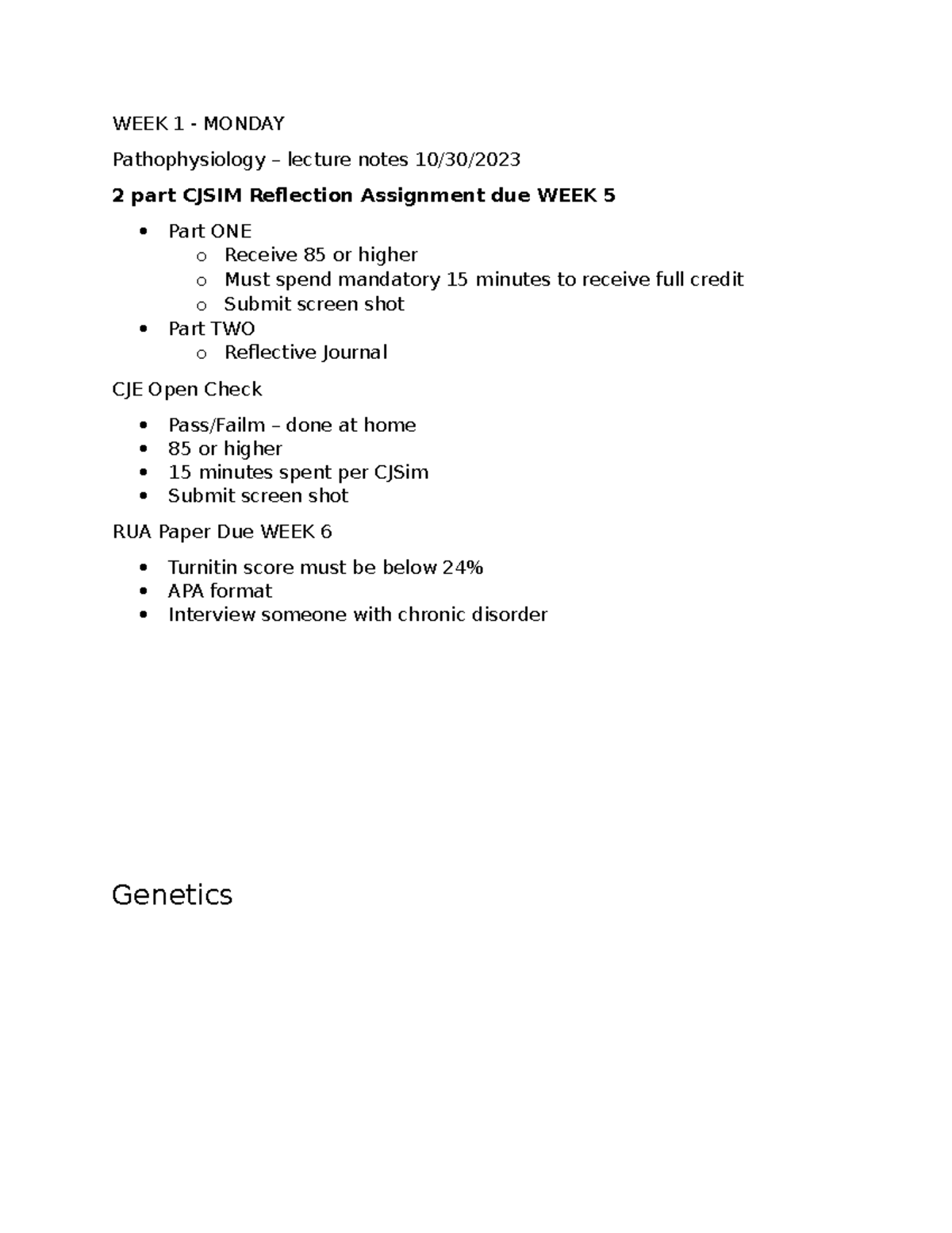 CJSIM 101 Week 1 Monday: Pathophysiology & Genetics Class Notes - Studocu