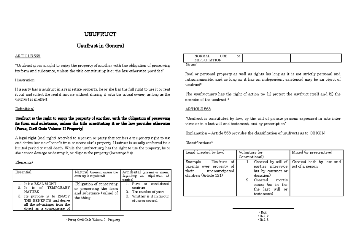 USUFRUCT: Detailed Reviewer Guide on Rights & Obligations - Studocu