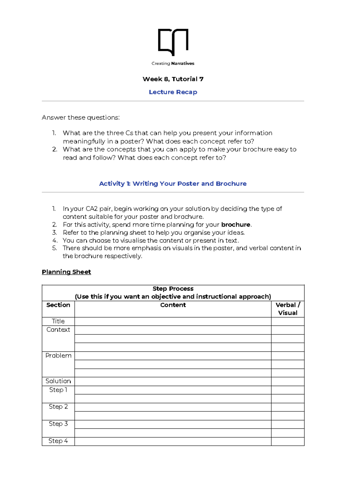 Week 8, Tutorial 7 (Student's Handout) - Week 8, Tutorial 7 Lecture ...