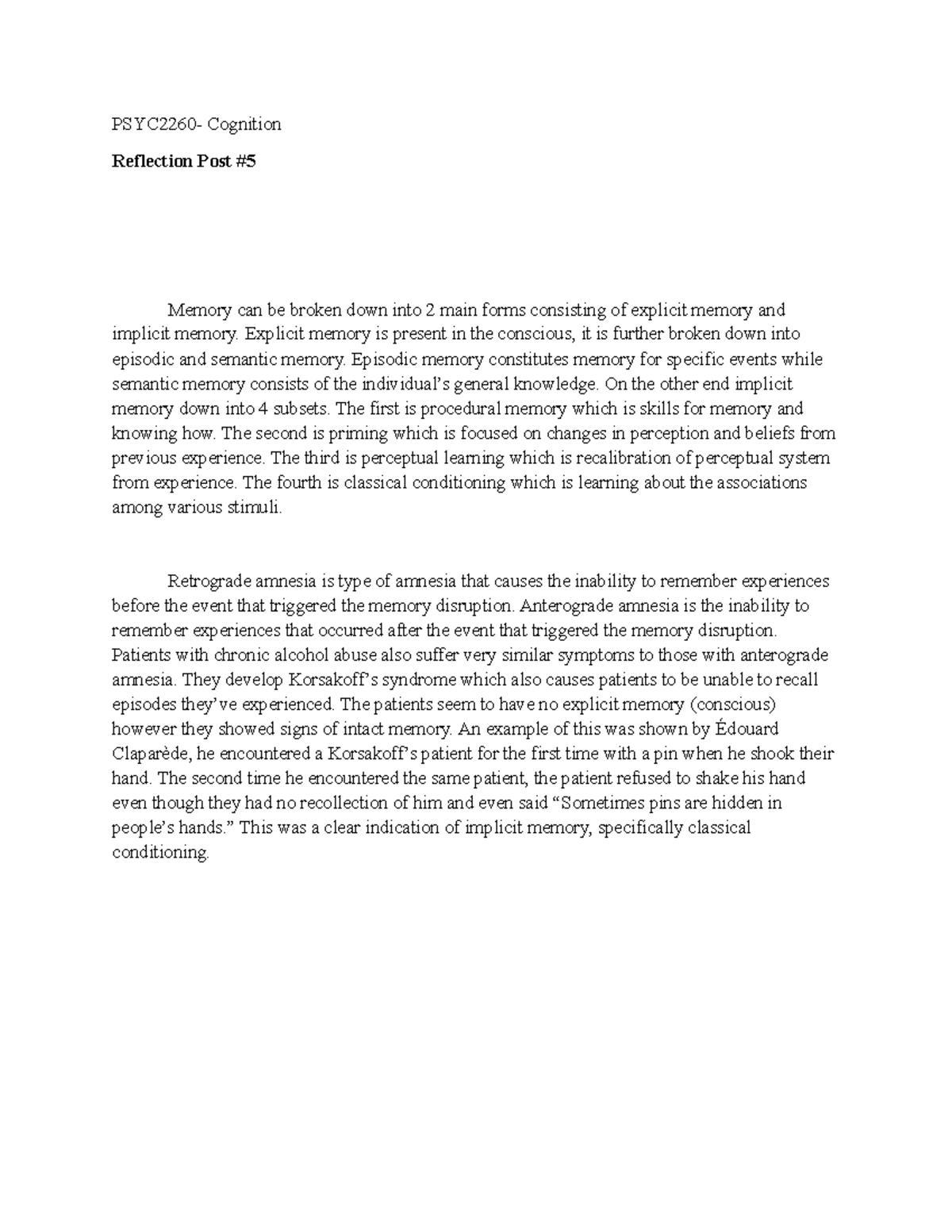 PSYC2260 - Reflection on Chapters 6 & 7: Memory Types and Amnesia - Studocu