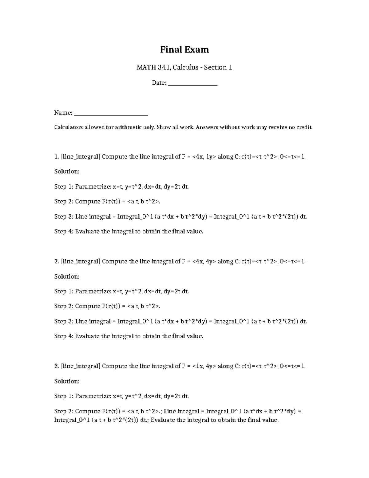 Final Exam Solutions for MATH 341: Line Integrals - Studocu