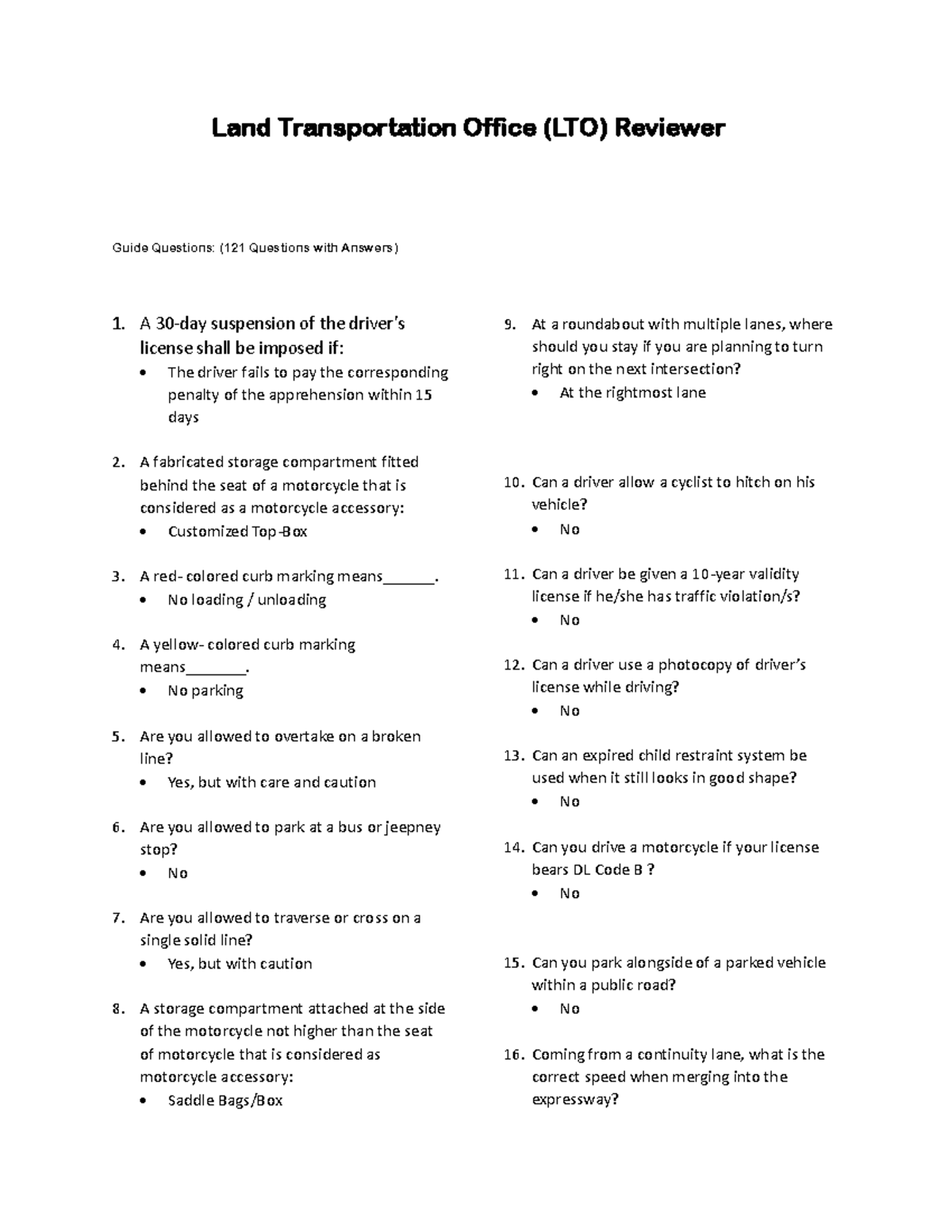 LTO License Reviewer: 121 Questions with Answers for Drivers - Studocu