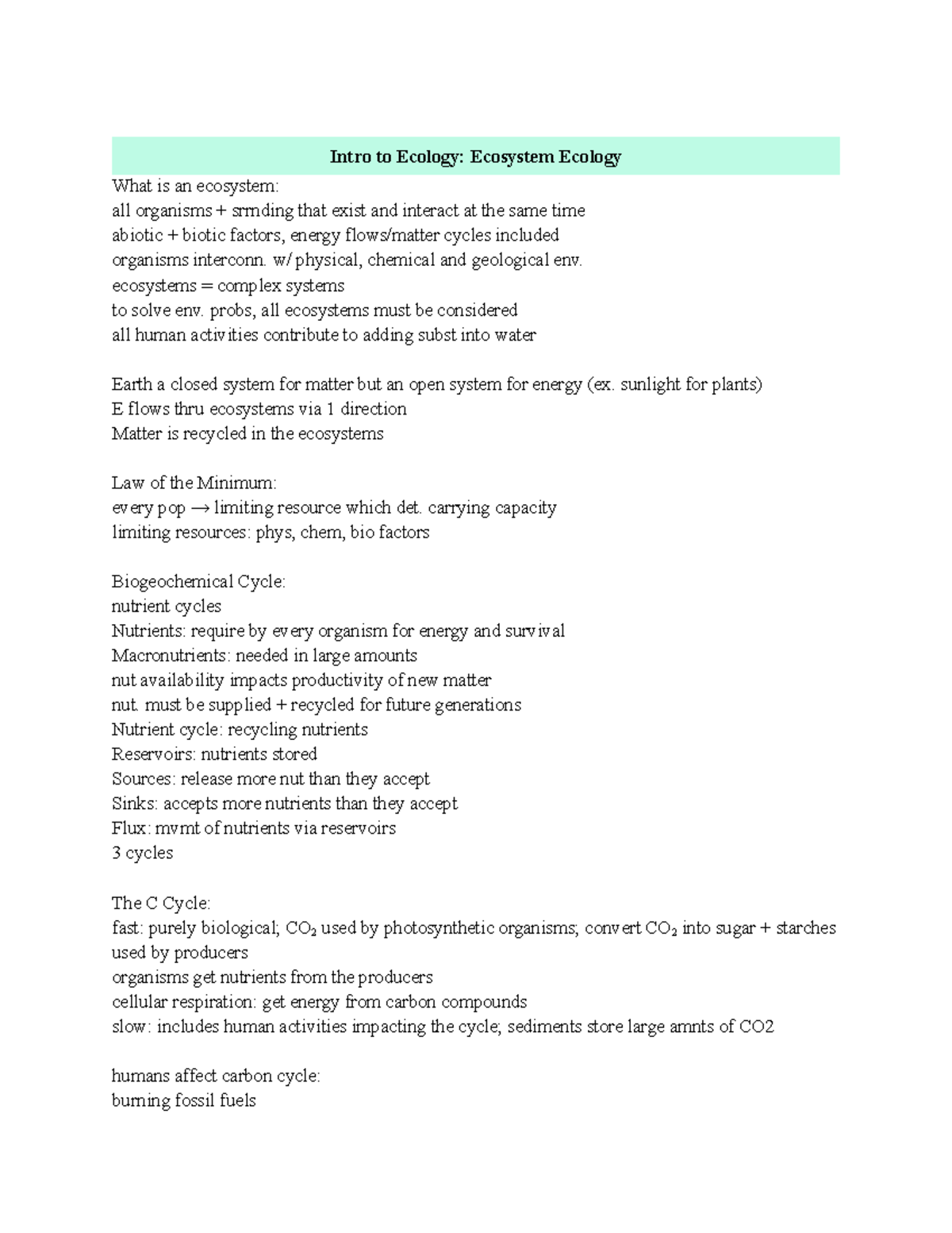 ENV SCI Notes - Intro to Ecology: Understanding Ecosystems - Studocu
