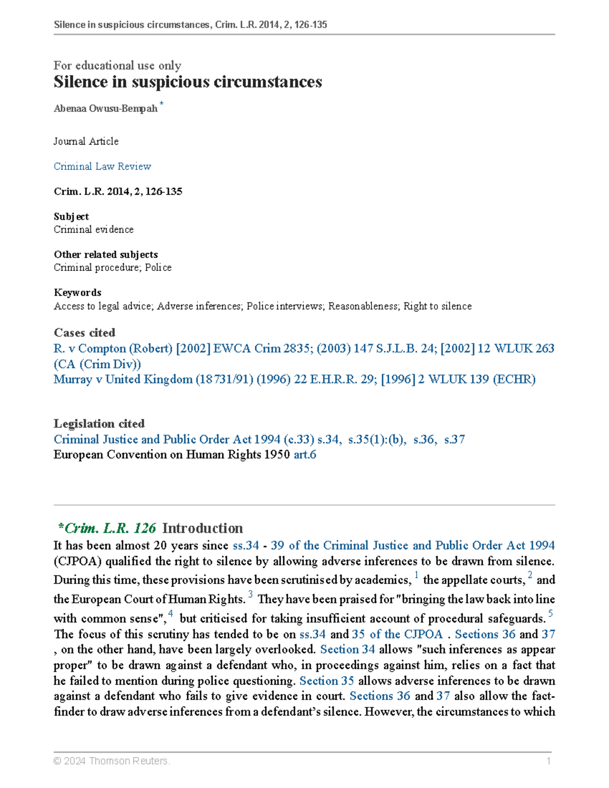 **Analysis of Silence and Adverse Inferences under Sections 36 and 37 ...