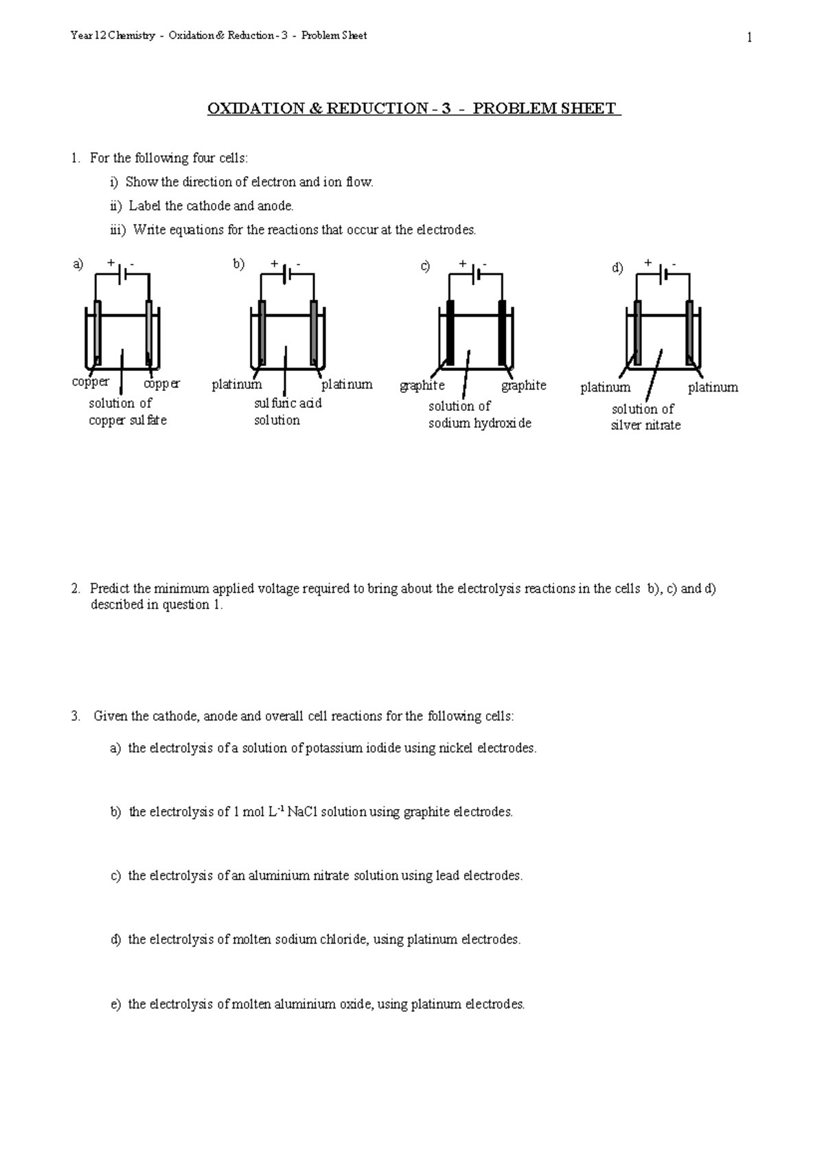 Year 12 Chemistry OXIDATION REDUCTION 3 Problem Sheet Solutions - Studocu