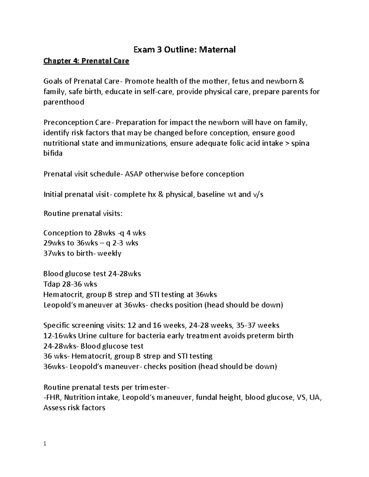 Maternal Exam 3 Outline: Chapters 4 & 5 - Prenatal Care & Complications ...