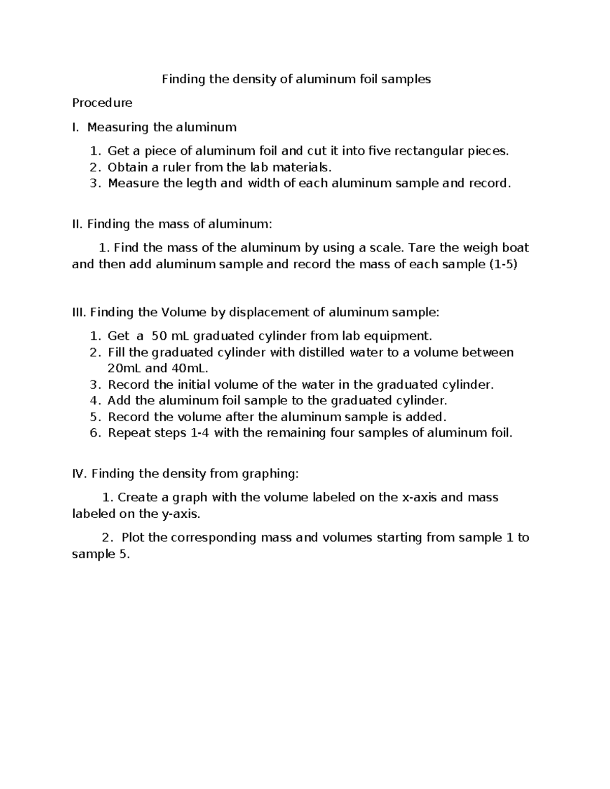 Finding Density of Aluminum Foil Samples - EXP 3 Lab Procedure - Studocu