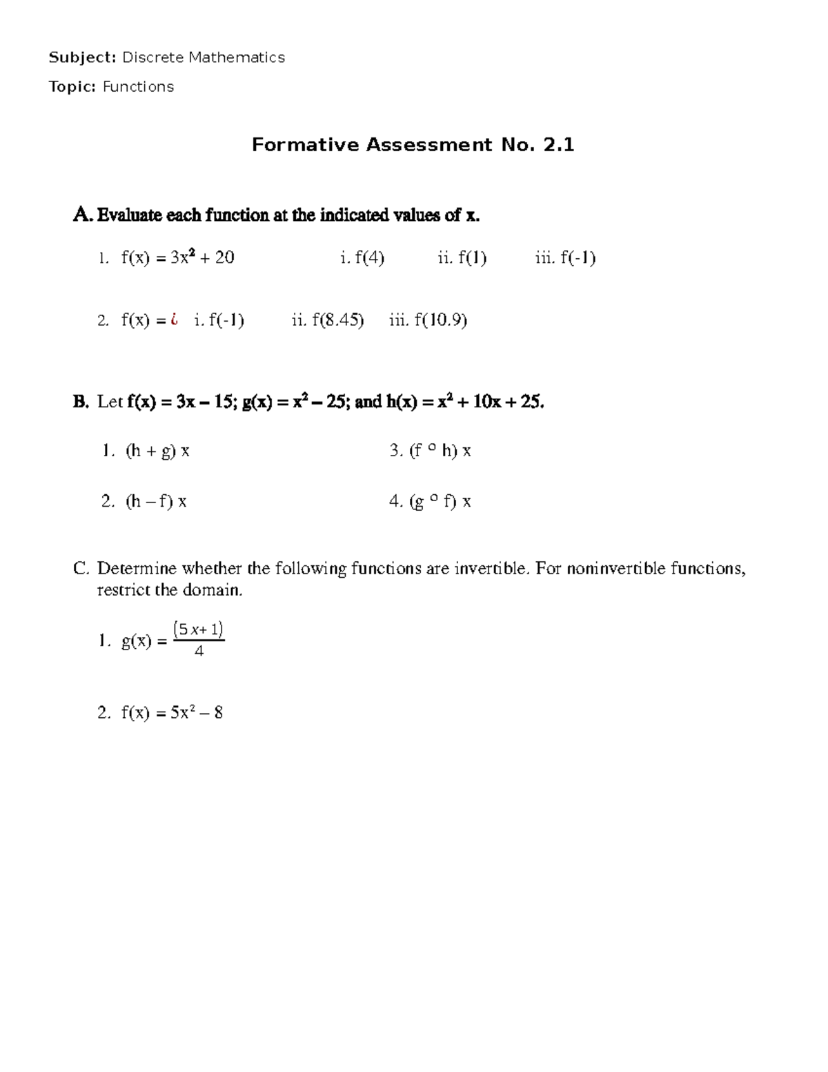 FA 2 - rtcyvgbhjnkml - Subject: Discrete Mathematics Topic: Functions ...