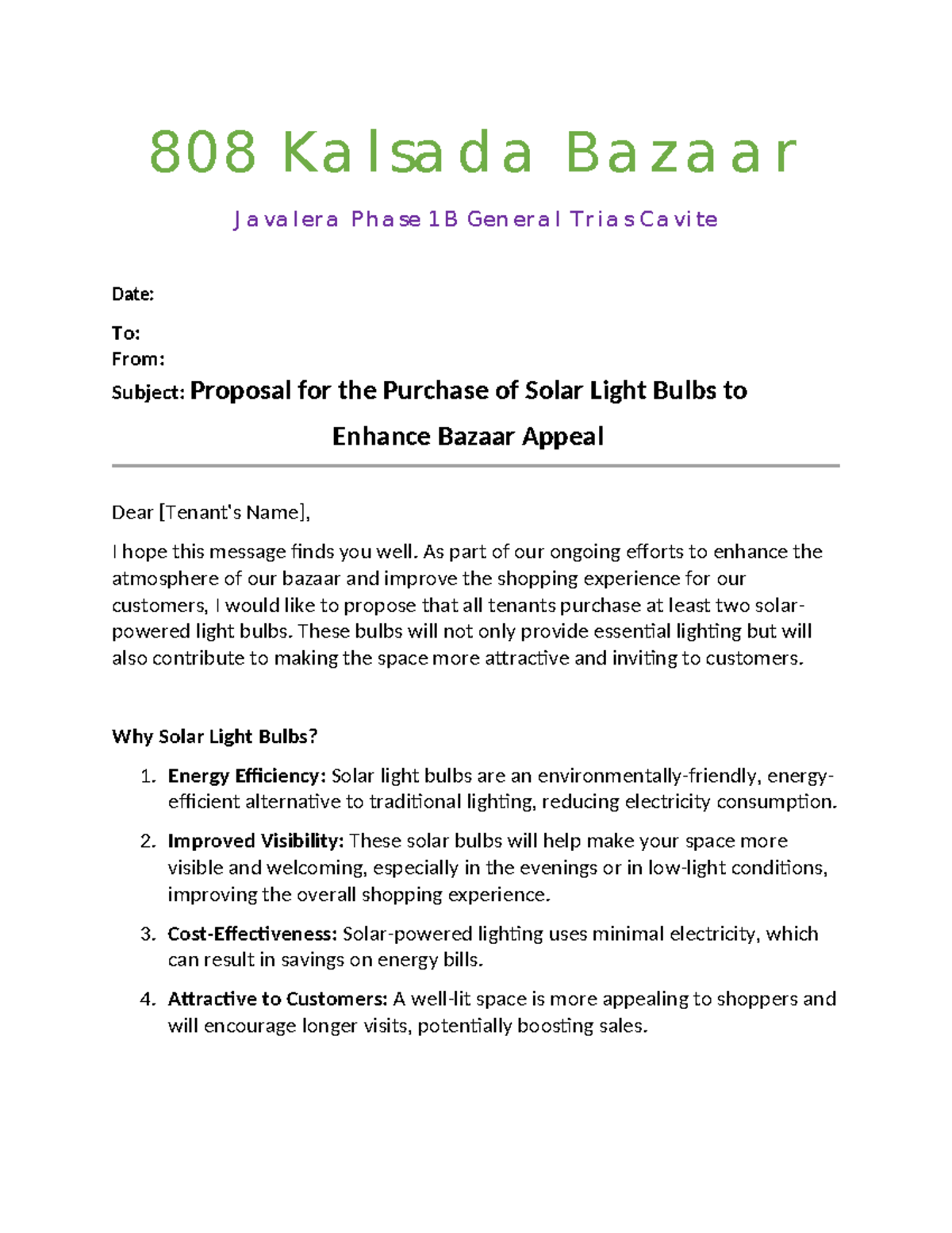 Proposal for Solar Light Bulbs Purchase - 808 KALSA 1B - Studocu