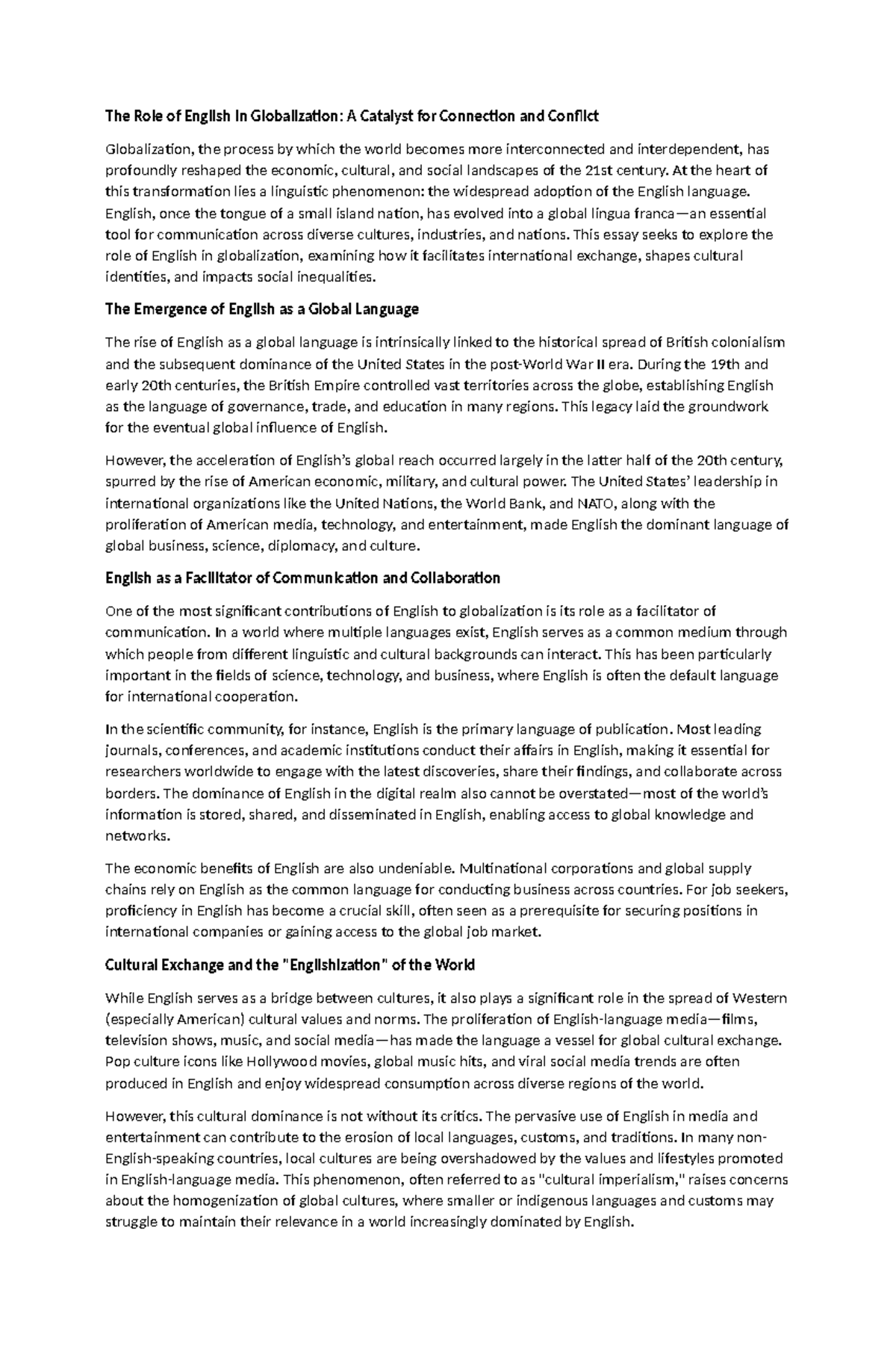 The Role of English in Globalization - At the heart of this ...