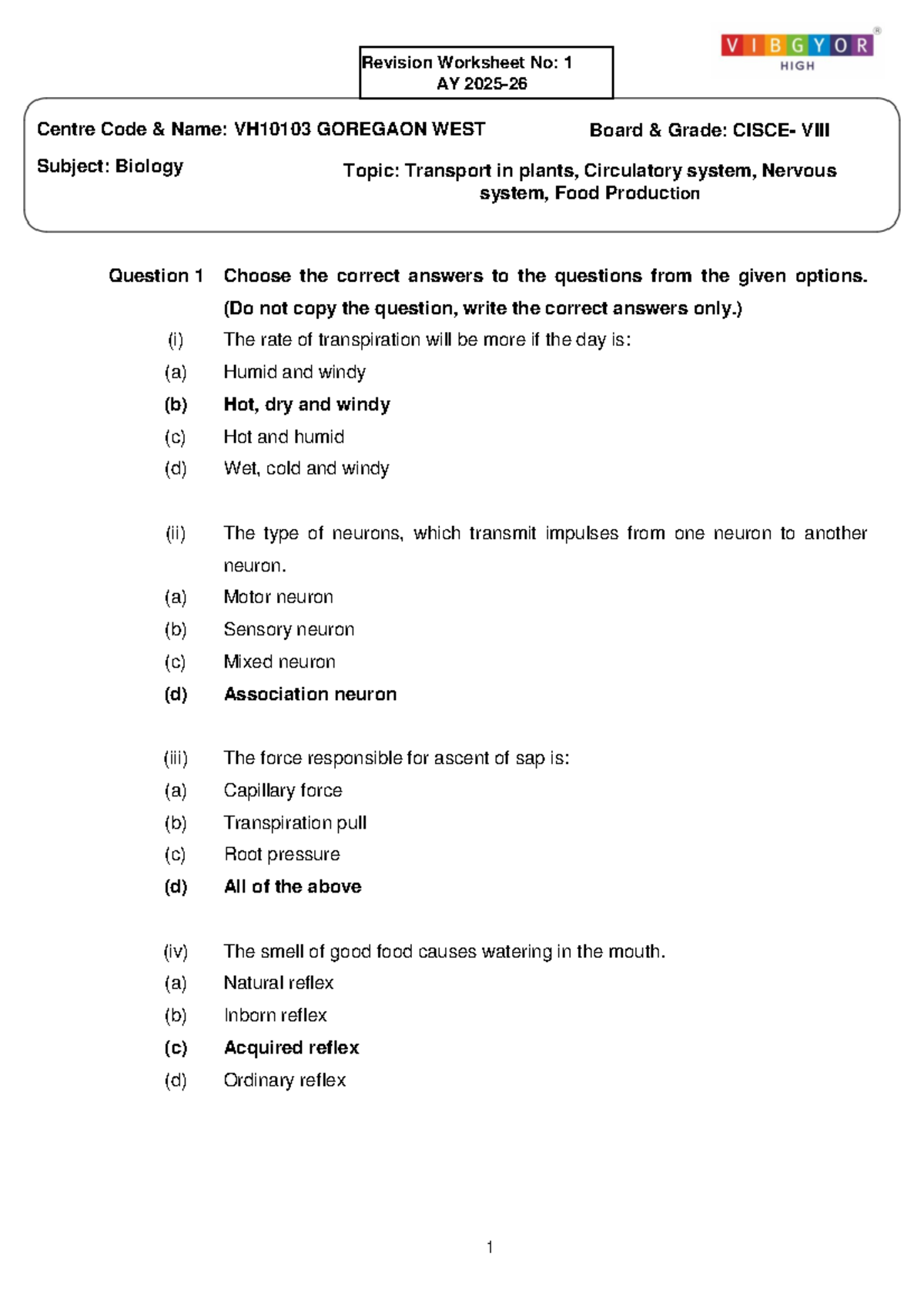 Cisce Gr 8 Biology Revision Worksheet 1 Answers T1 AY 25-26 - Studocu
