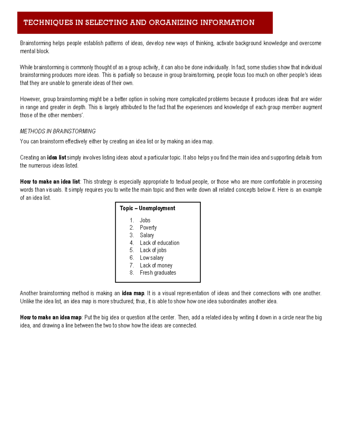 1-Handouts-Brainstorming-Graphic-Organizers-Outlining - TECHNIQUES IN ...
