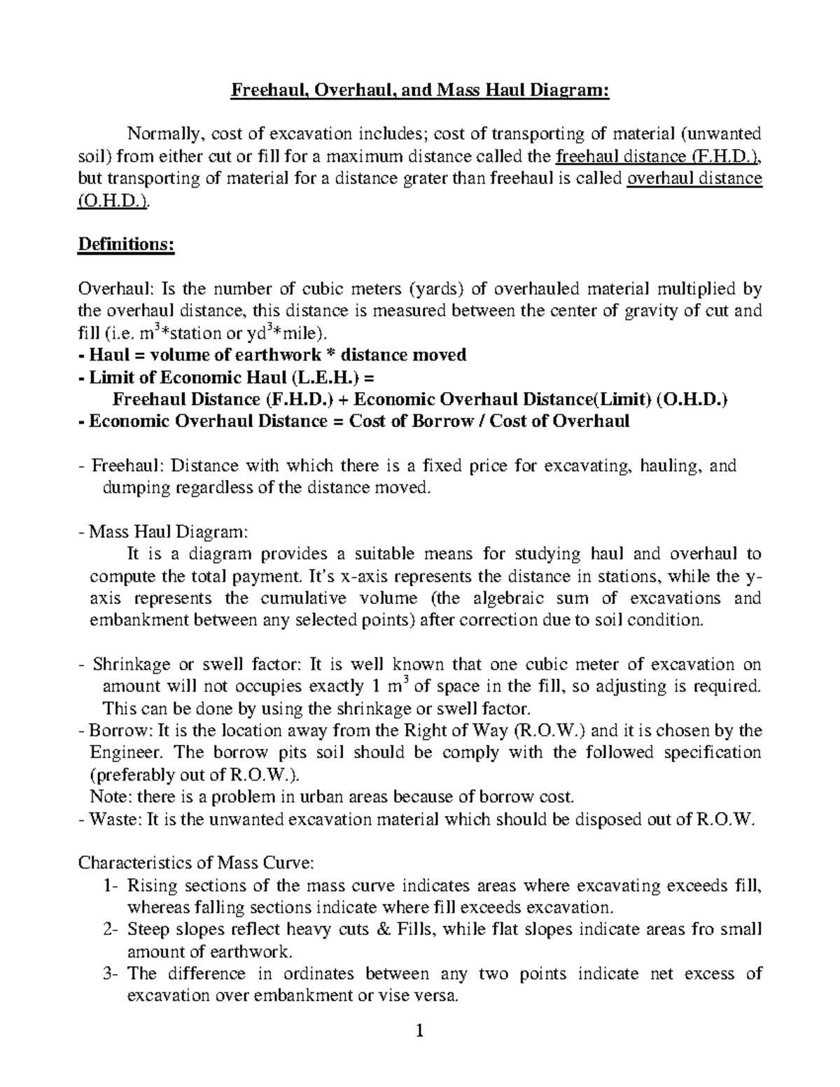 Surveying - Lecture Notes on Freehaul, Overhaul, and Mass Haul Diagrams ...