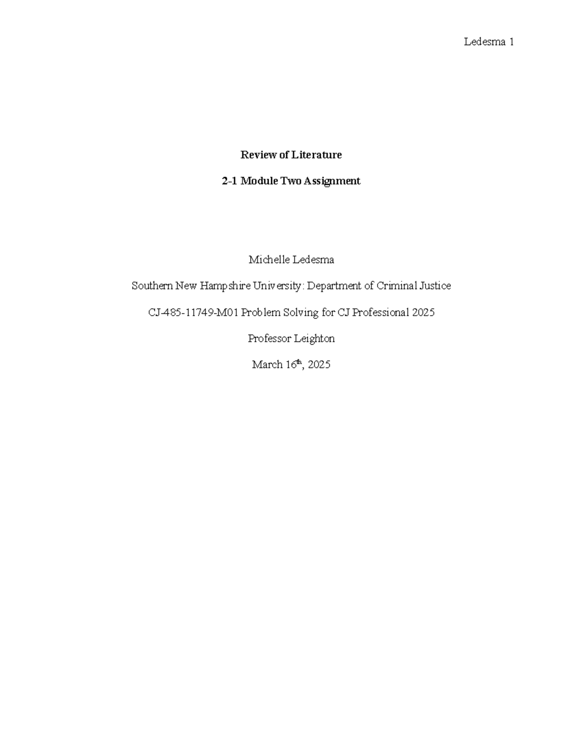 2-1 ROL - CJ-485 - Module 2 Assignment - Review of Literature 2-1 Module Two Assignment Michelle ...