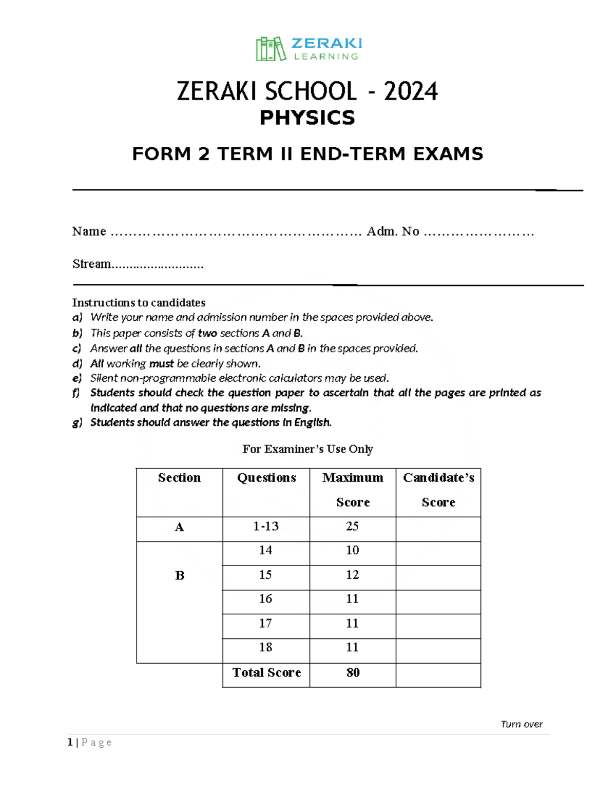 Physics - Physics - Marking Scheme - ZERAKI SCHOOL - 2024 PHYSICS FORM ...
