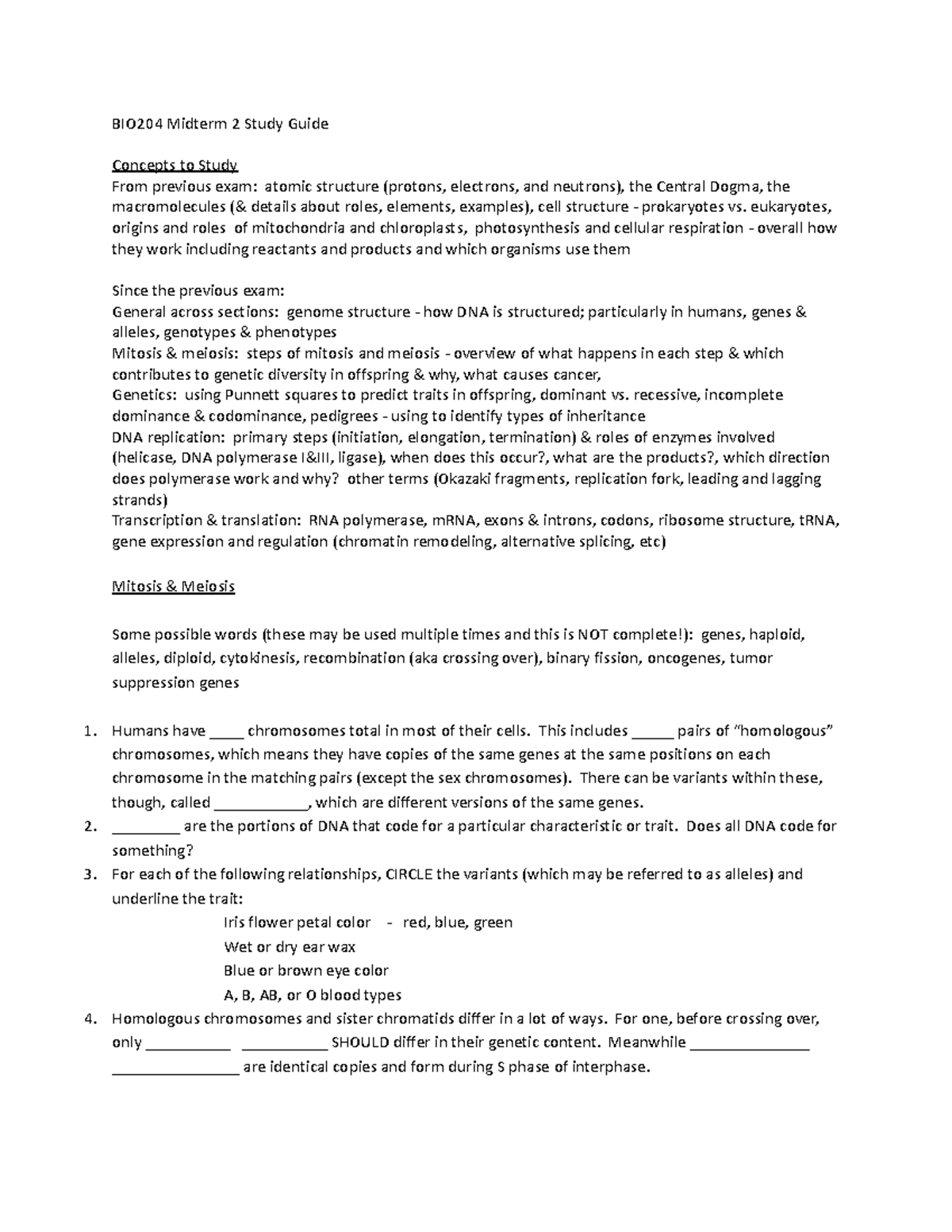 BIO204 Midterm 2 Study Guide: Key Concepts & Genetic Mechanisms - Studocu