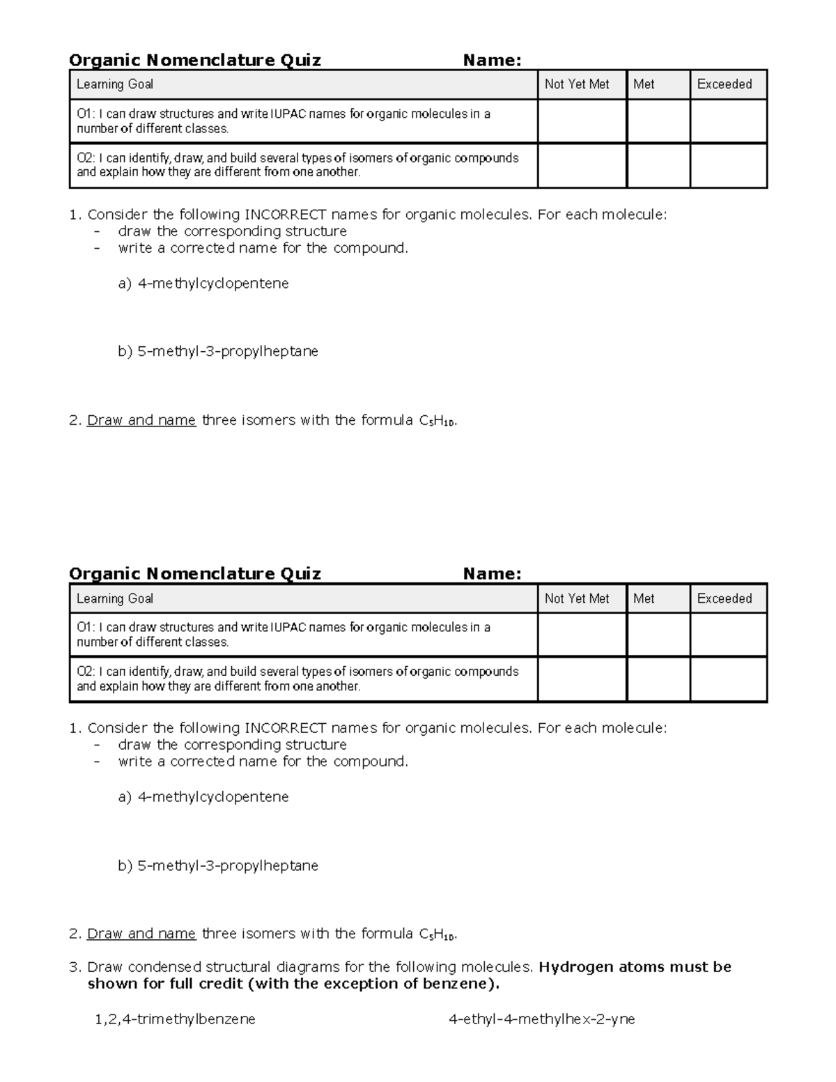 Organic Nomenclature Quiz O1 & O2 - Hydrocarbons #1 2024 - Studocu