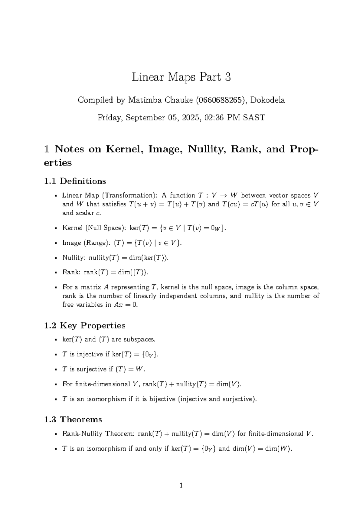 Linear Transformation Notes: Kernel, Image, Rank, and Nullity - Studocu