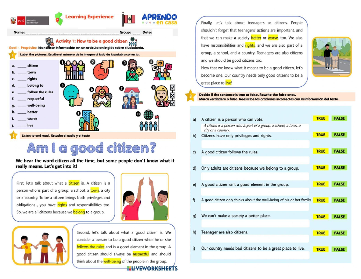 APRENDO PERU: Good Citizenship for Teenagers - Activity Guide - Studocu