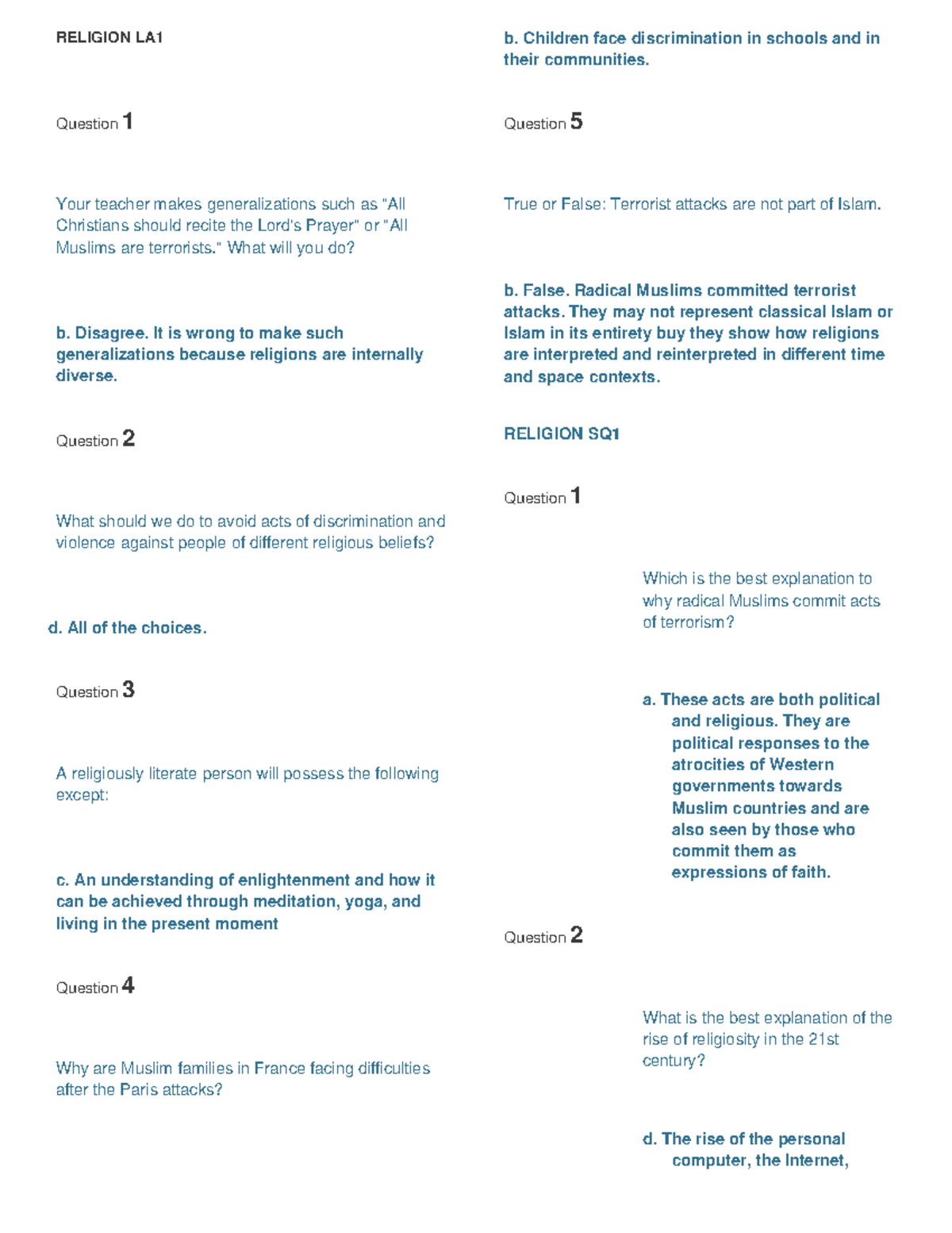 Religion HUMSS 111 Quizzes Week 1 - Topics on Discrimination & Literacy ...