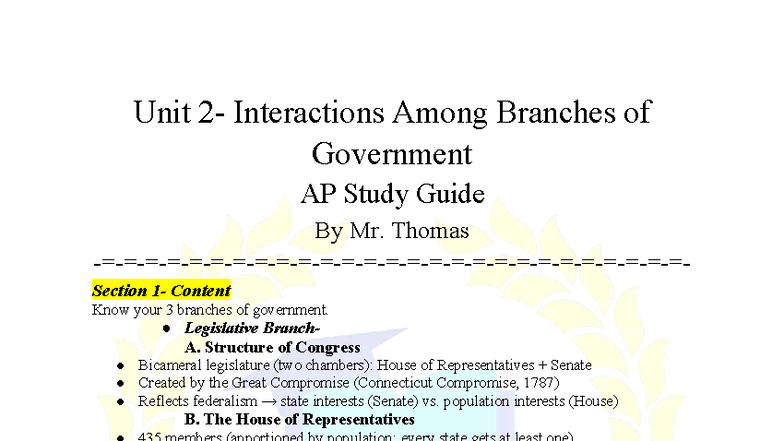 AP Gov Study Guide: Interactions Among Branches of Gov - Studocu