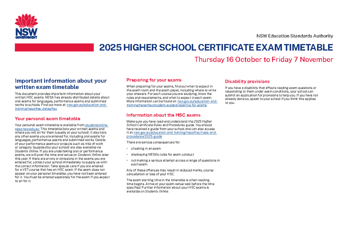2025 HSC Written Exam Timetable: Important Dates & Info - Studocu