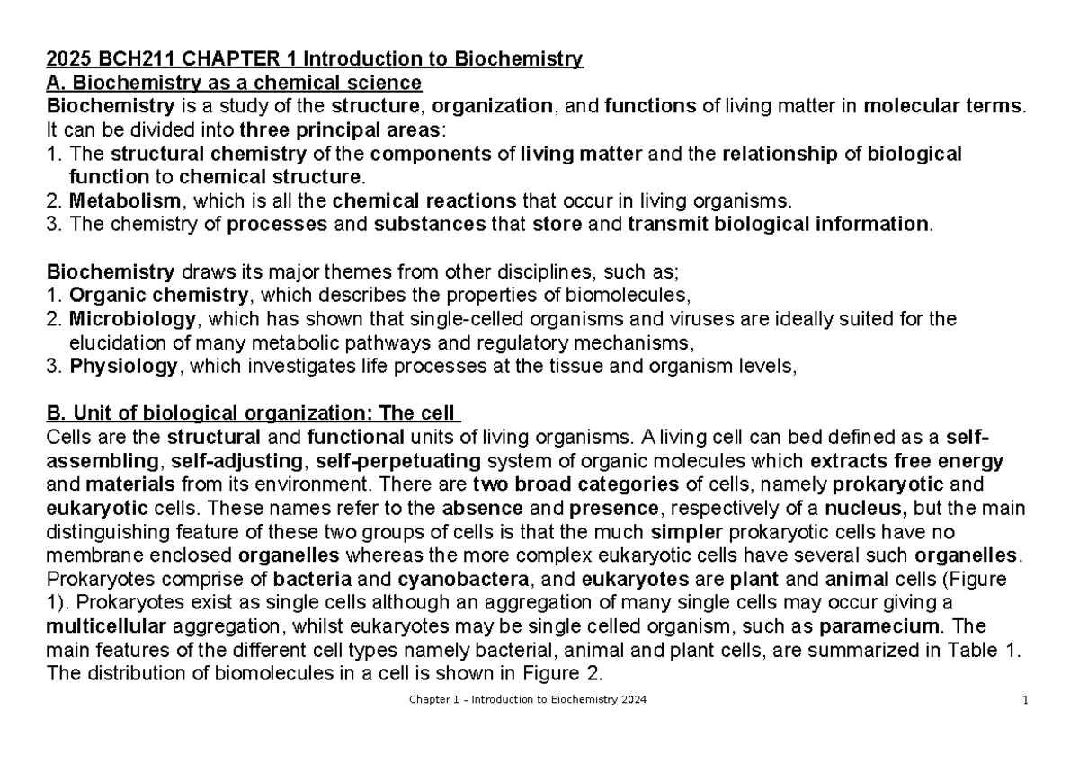 2025 BCH211 Final Exam Notes: Intro to Biochemistry (Ch 1) - Studocu