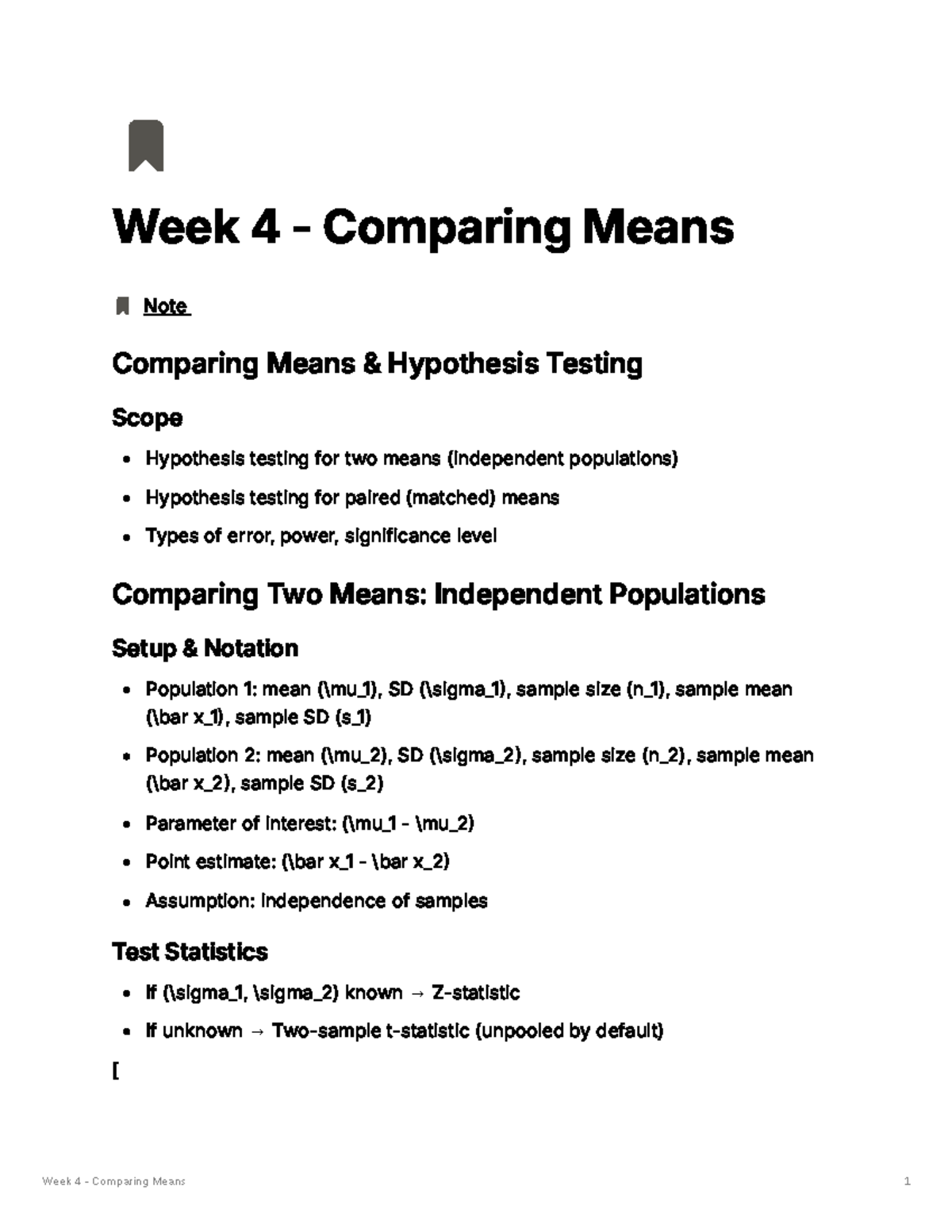 Week 4 Course Notes: Comparing Means & Hypothesis Testing - Studocu