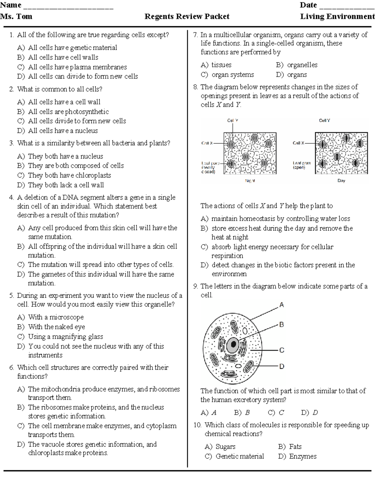 Living Environment Regents Review Packet 1: Cell Functions and ...