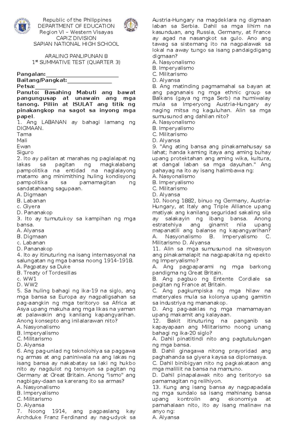 Q3- 1st Summative Test in Araling Panlipunan 8 - Studocu