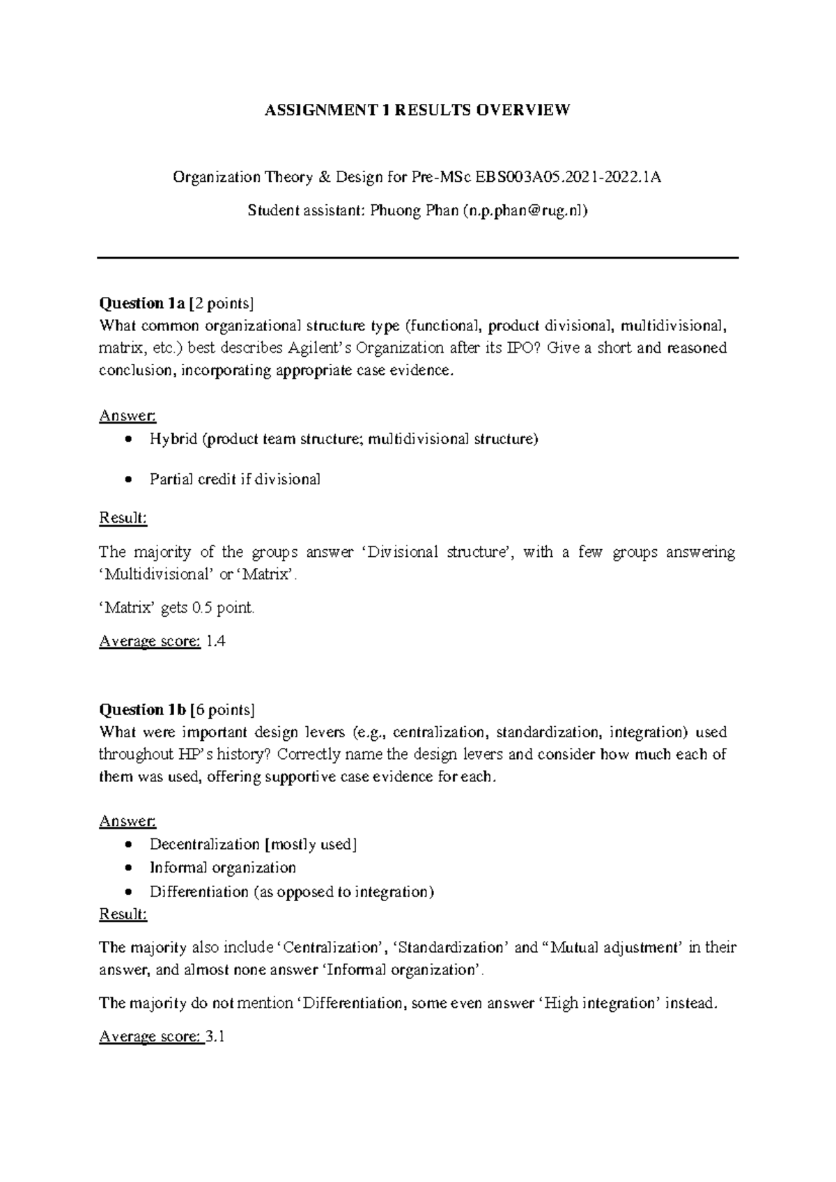 OTD Group Assignment 1 Results Overview EBS003A 2021-2022 1A - Studeersnel