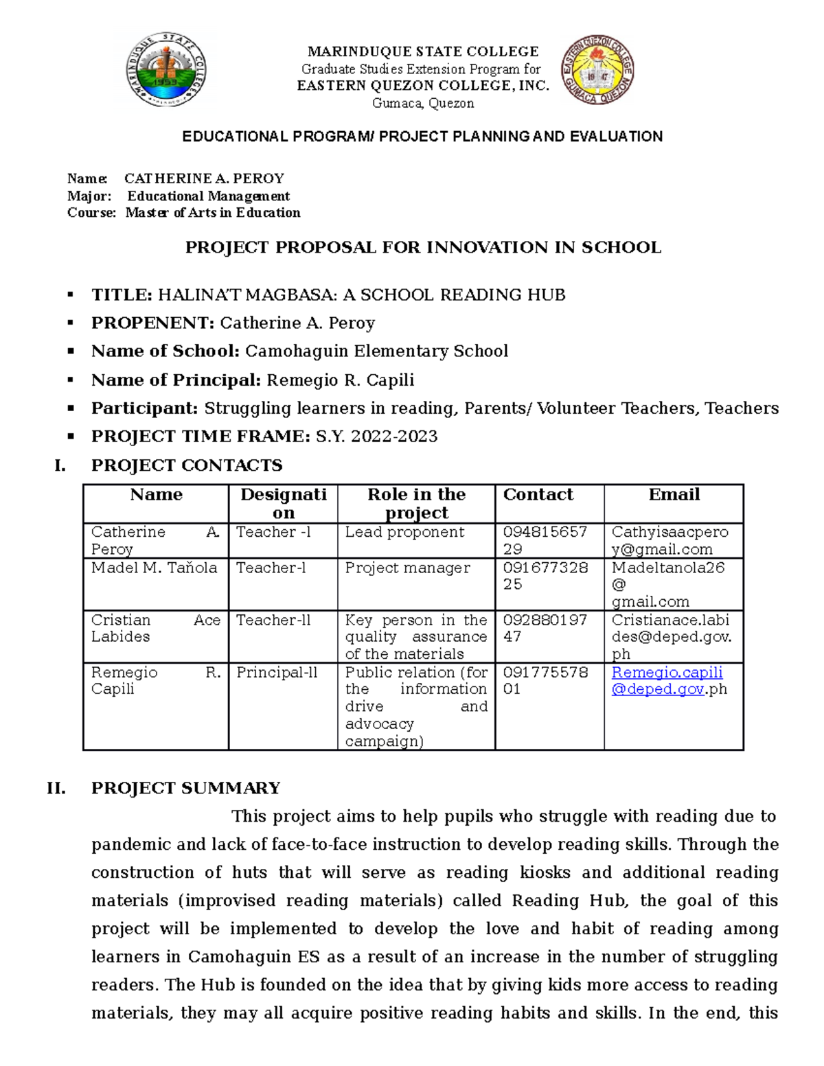 Project Proposal: Halina’t Magbasa Reading Hub - MAEd-Catherine Peroy ...