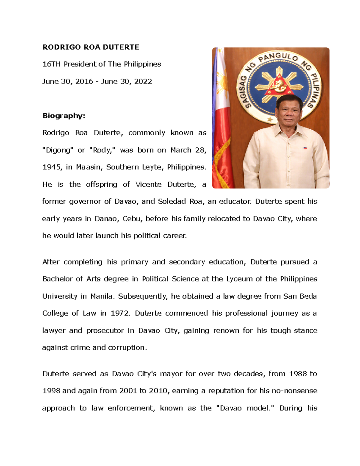 Duterte - ggfg - RODRIGO ROA DUTERTE 16TH President of The Philippines ...