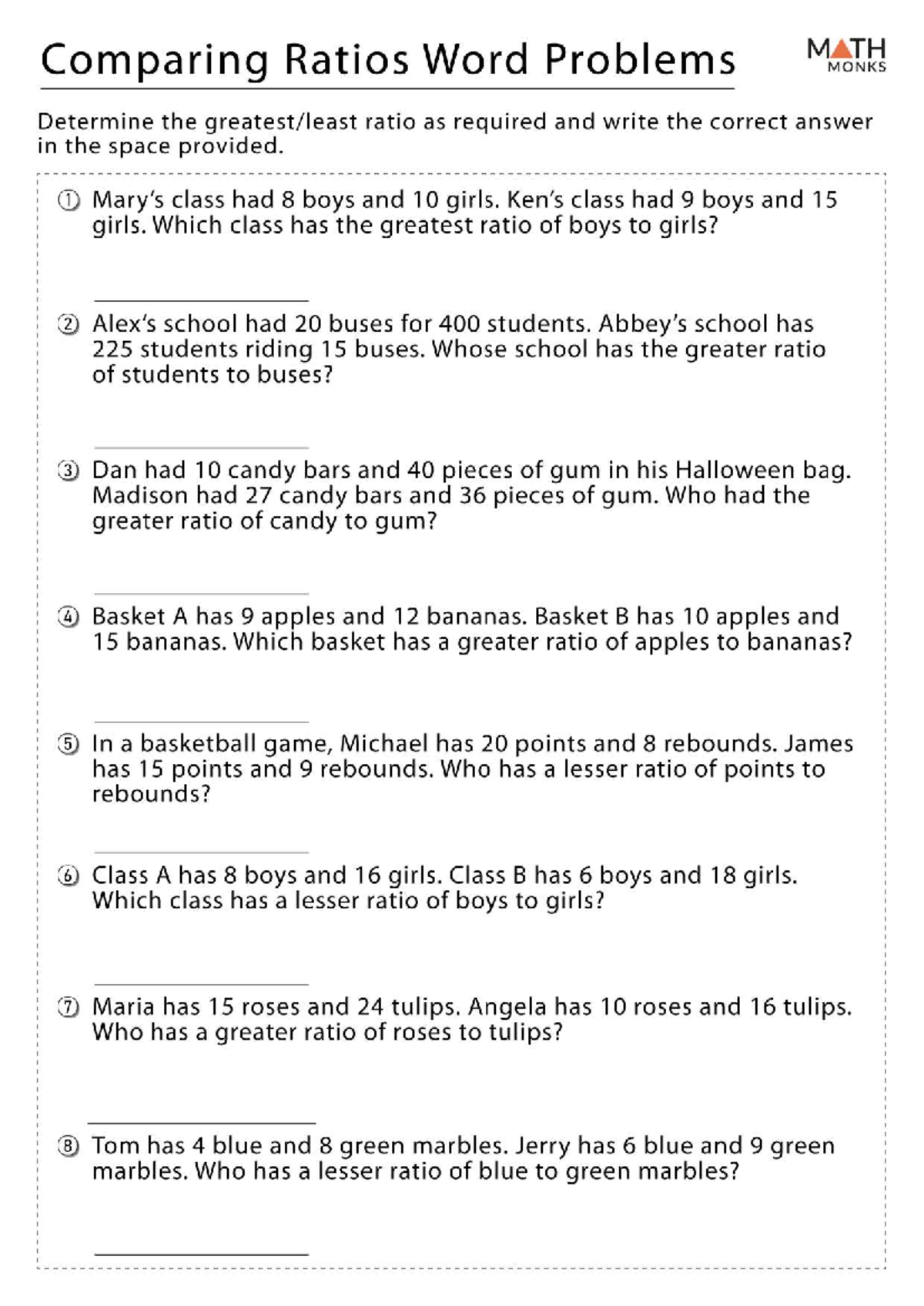Comparing Ratios Word Problems MATH MONKS MM QUES - Studocu
