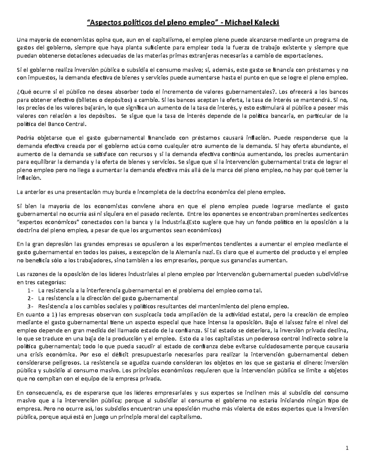 Aspectos Políticos del Pleno Empleo: Análisis de Kalecki - Studocu