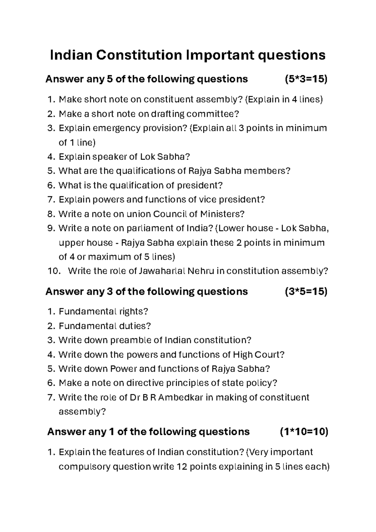 Indian Constitution Important Questions for Exam Preparation - Studocu