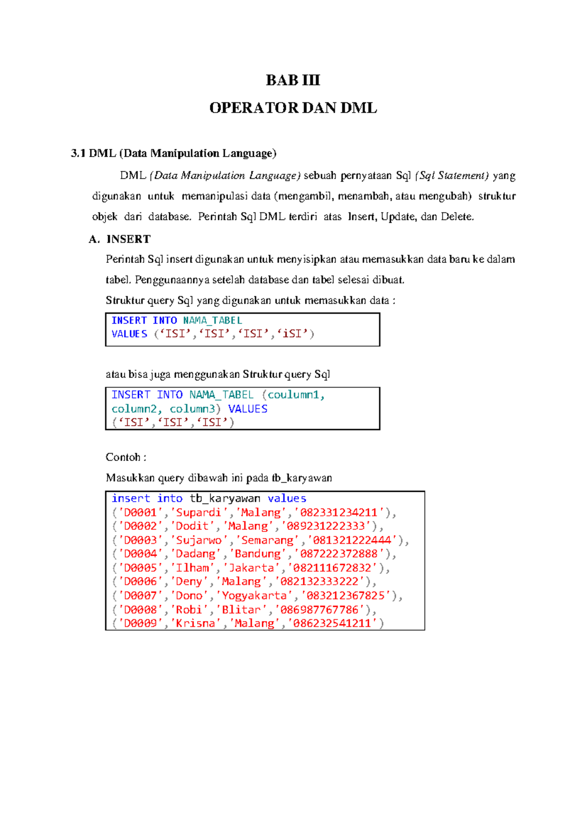 BAB III - DML dan Operator SQL dalam Database Management - Studocu
