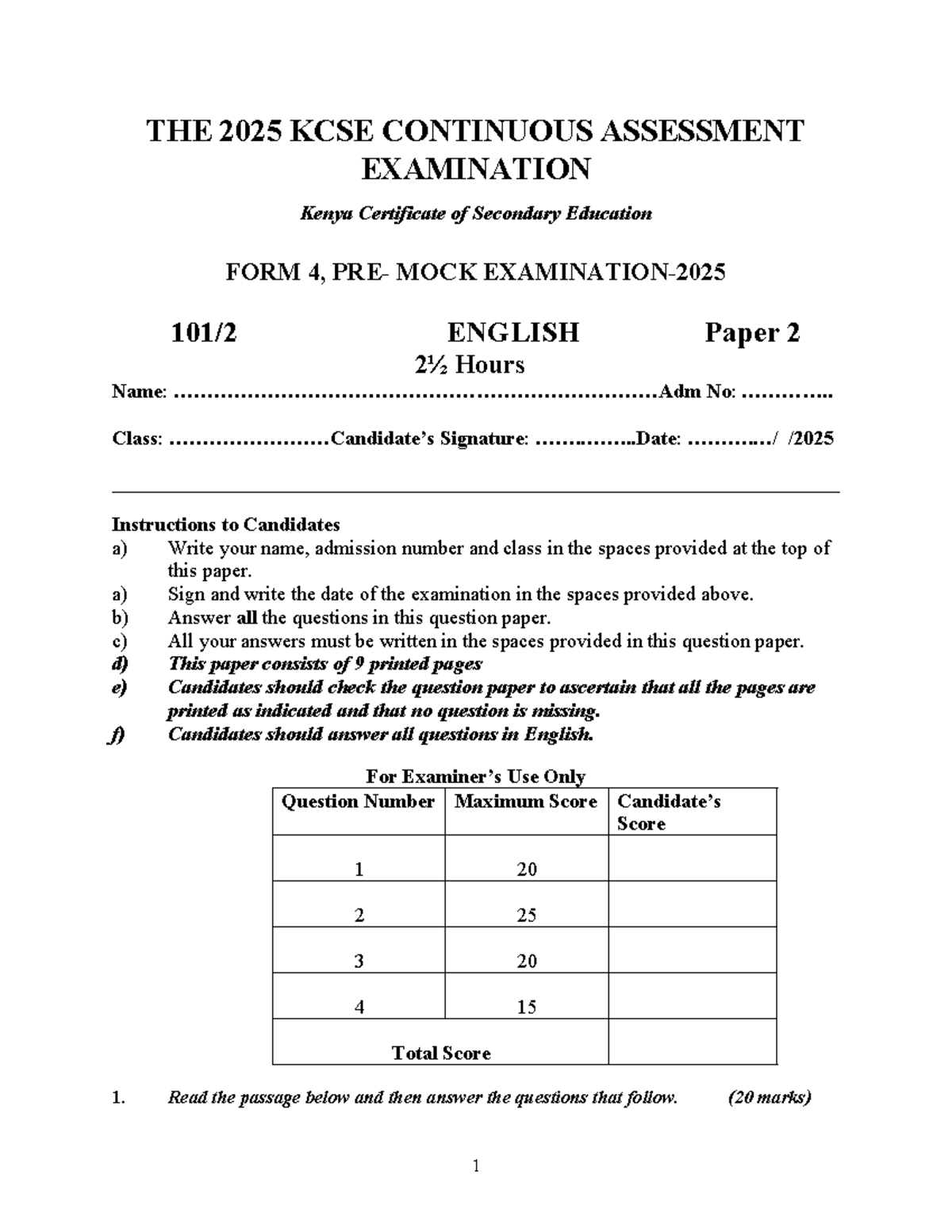 2025 KCSE Form 4 Mock English Paper 2 Pre-Mock Questions - Studocu