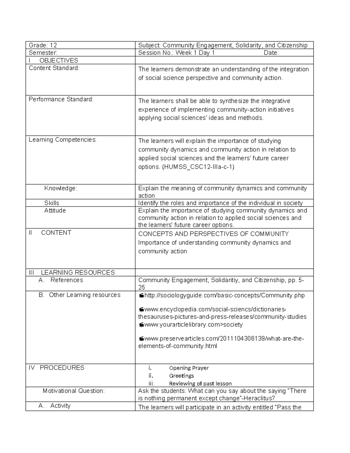 Lesson Plan: Community Dynamics and Action (HUMSS_CSC12) Week 1 Day 1 - Studocu