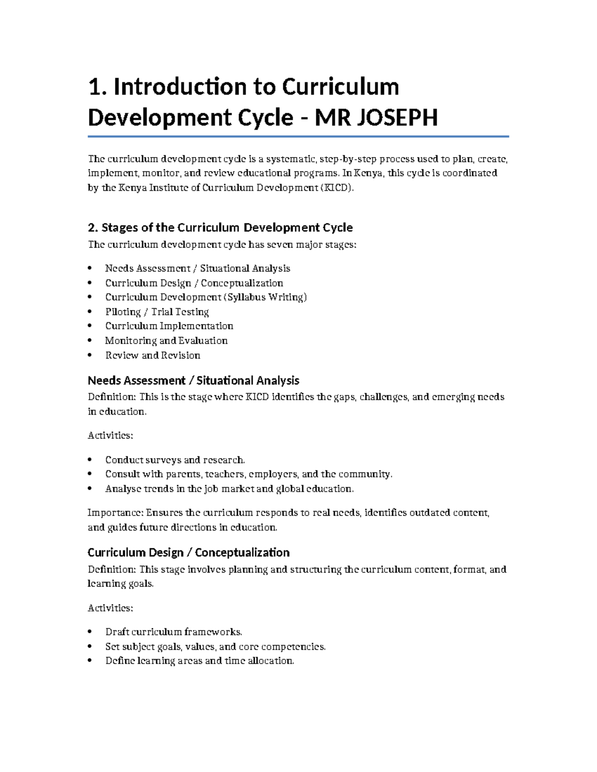 Curriculum Development Cycle Revision Notes (EDU 101) - Studocu