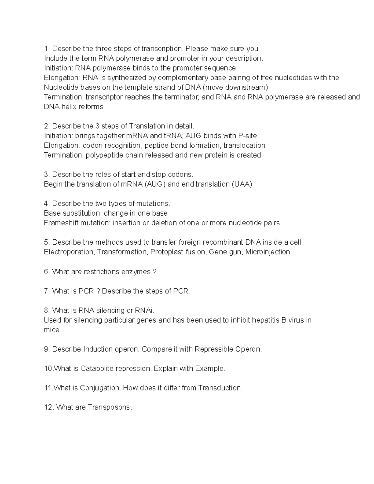 Practice Questions Unit 4: Transcription, Translation, and Genetic ...