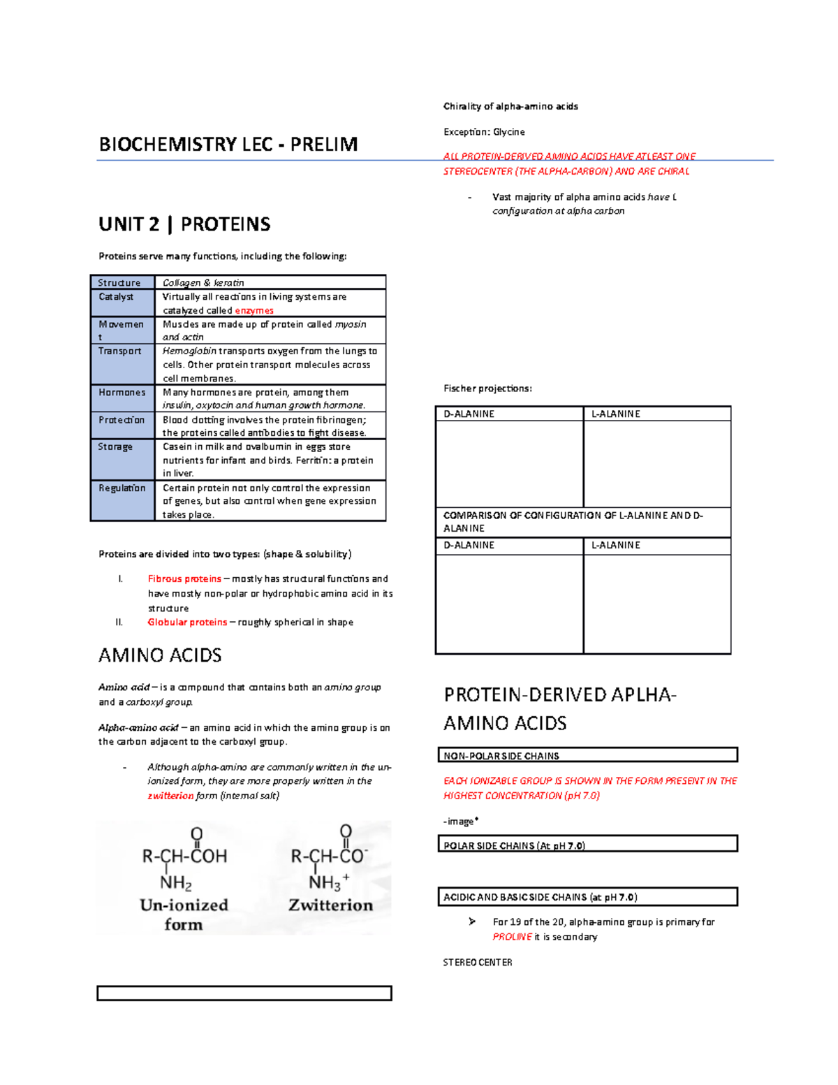 Biostats Prelim Reviewer - BIOCHEMISTRY LEC - PRELIM UNIT 2 | PROTEINS Proteins serve many - Studocu