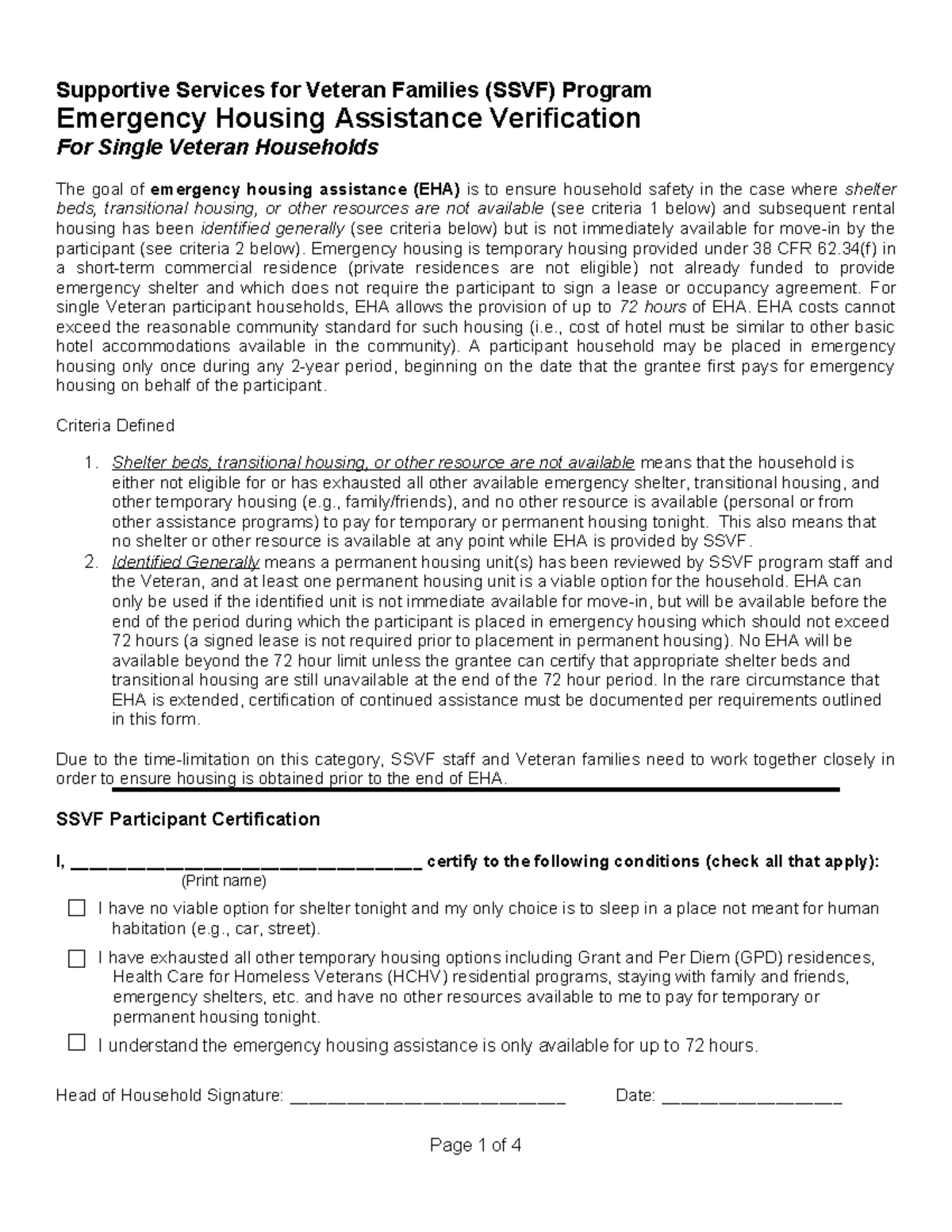 Emergency Housing Assistance Form for Single Veterans (SSVF Program ...