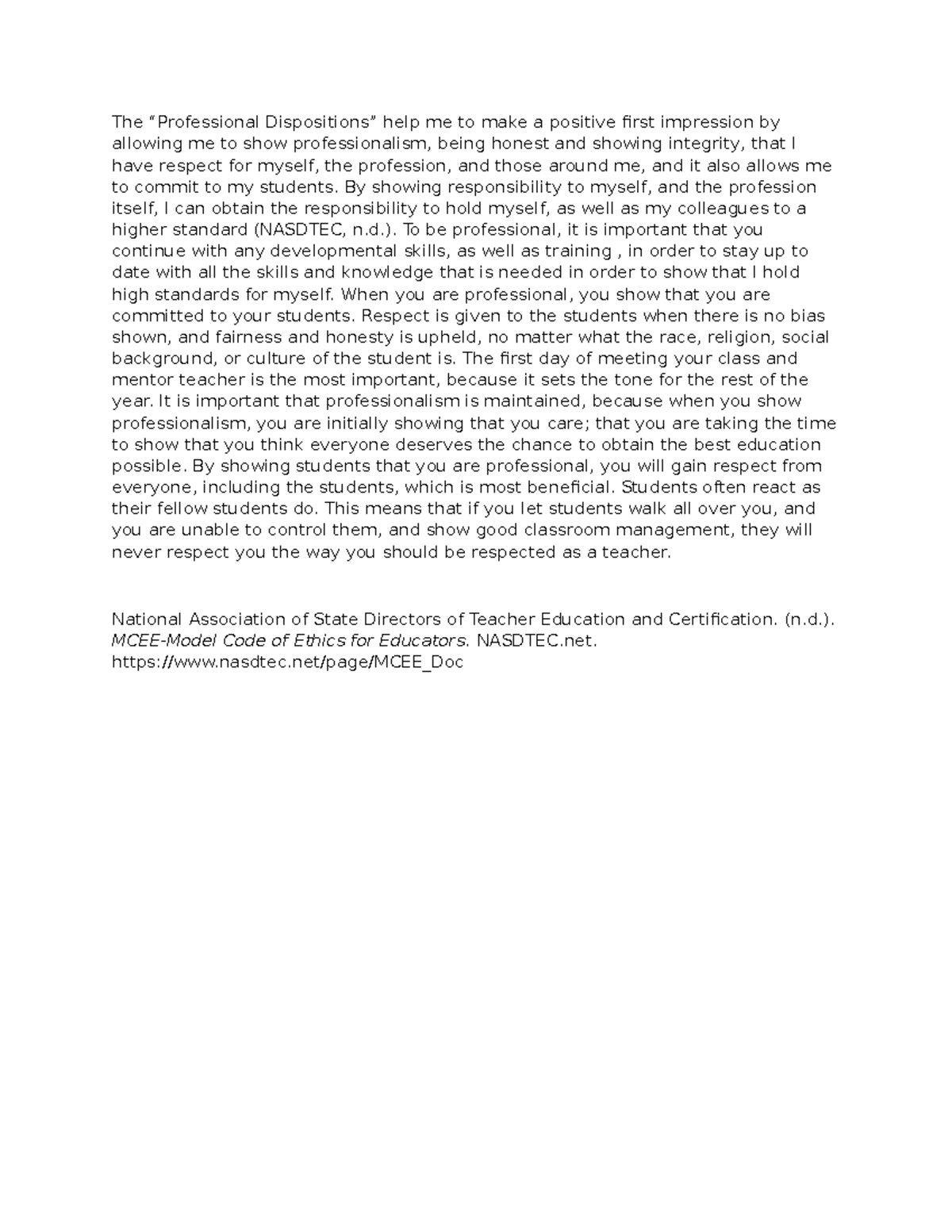 Discussion Question 1: Professionalism in Education and First ...