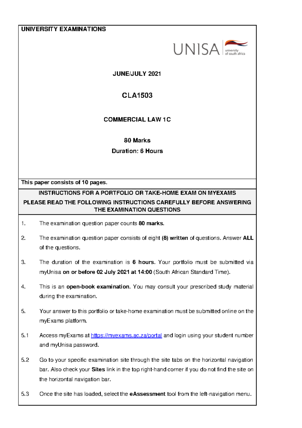 CLA1503 June EXAM 2021 questions - CLA1503 - Unisa - Studocu