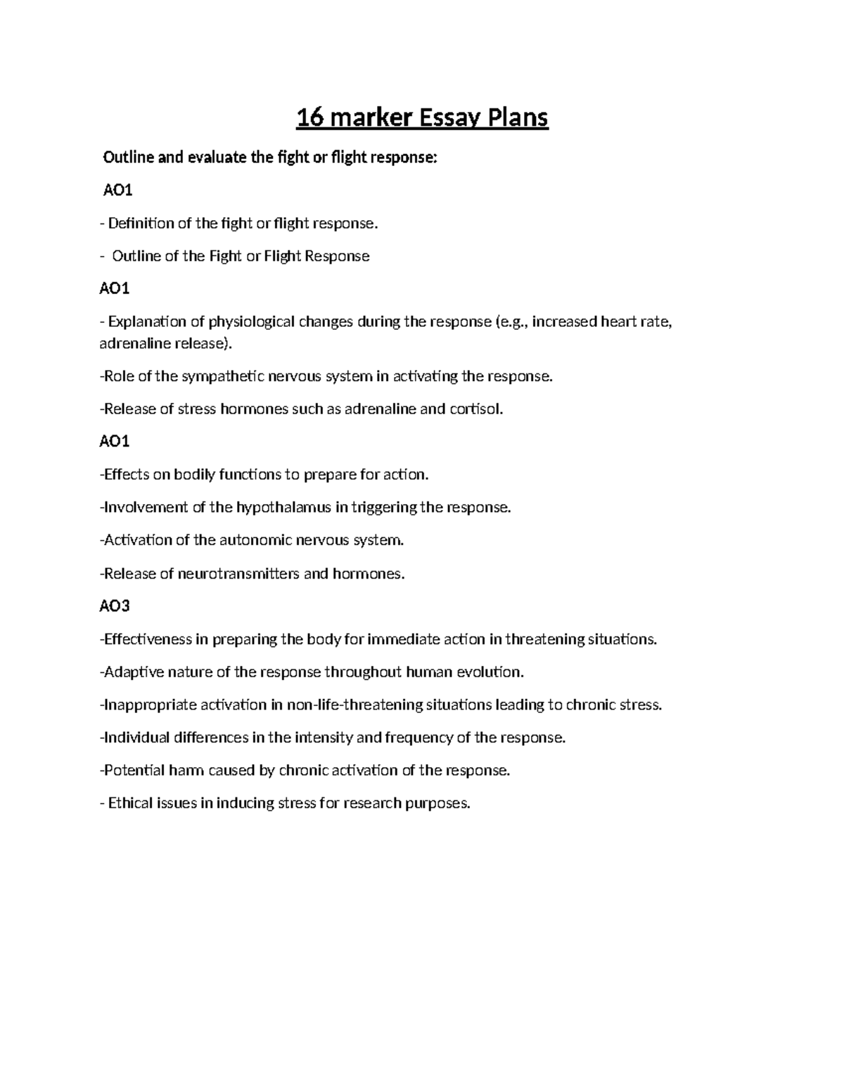 Psychology 16 Marker Essay Plans: Fight or Flight, Brain, Plasticity ...