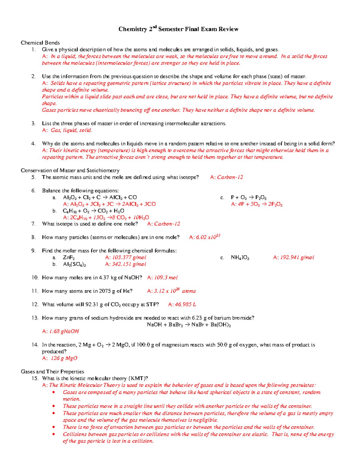 Second Semester Final - Review Questions - Answers - Chemistry 2 nd ...