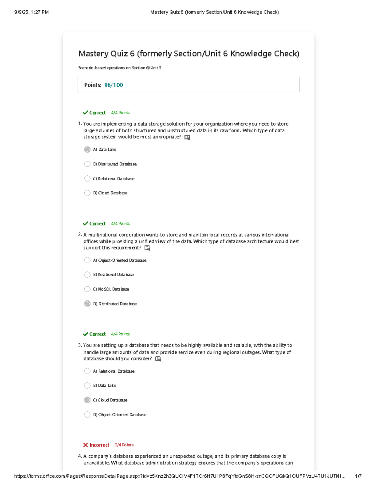 Mastery Quiz 6 (formerly Unit 6 Knowledge Check) on Database Concepts ...