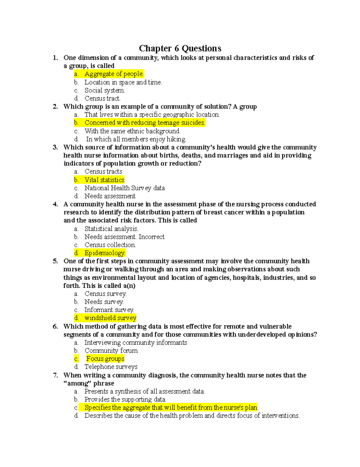 Chapter 6 Community Health Questions: Assessment & Analysis Guide - Studocu